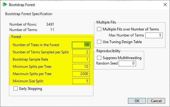 Bootstrap forest tuning parameters, number of splits, and prediction formula - JMP User Community