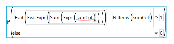 A question for "(Eval(Eval Expr(Sum(Expr(sumCol))))== N Items(sumCol)=> 1" stat... - JMP User ...