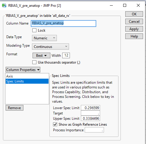 Solved: setting spec limit to column property by JSL - lines not shown on plot - JMP User Community