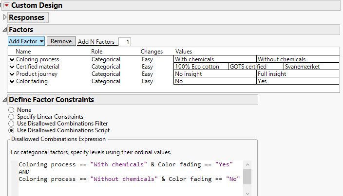 DOE Custom design - disallowed combinations not accepted - JMP User Community