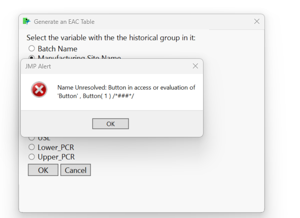 Solved: Name Unresolved: Button in access or evaluation JMP Alert Message - JMP User Community