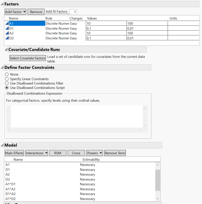 Solved Using The Disallowed Combination Script To Define Factor Constraints In Doe Jmp User
