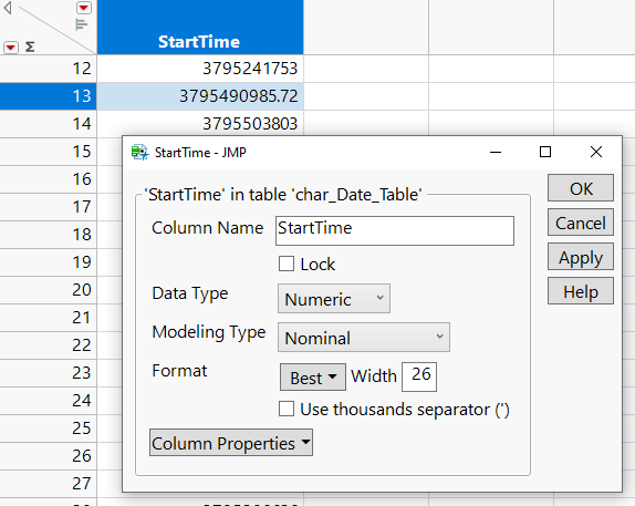 Solved: Re: Changing char date column to numeric date - JMP User Community