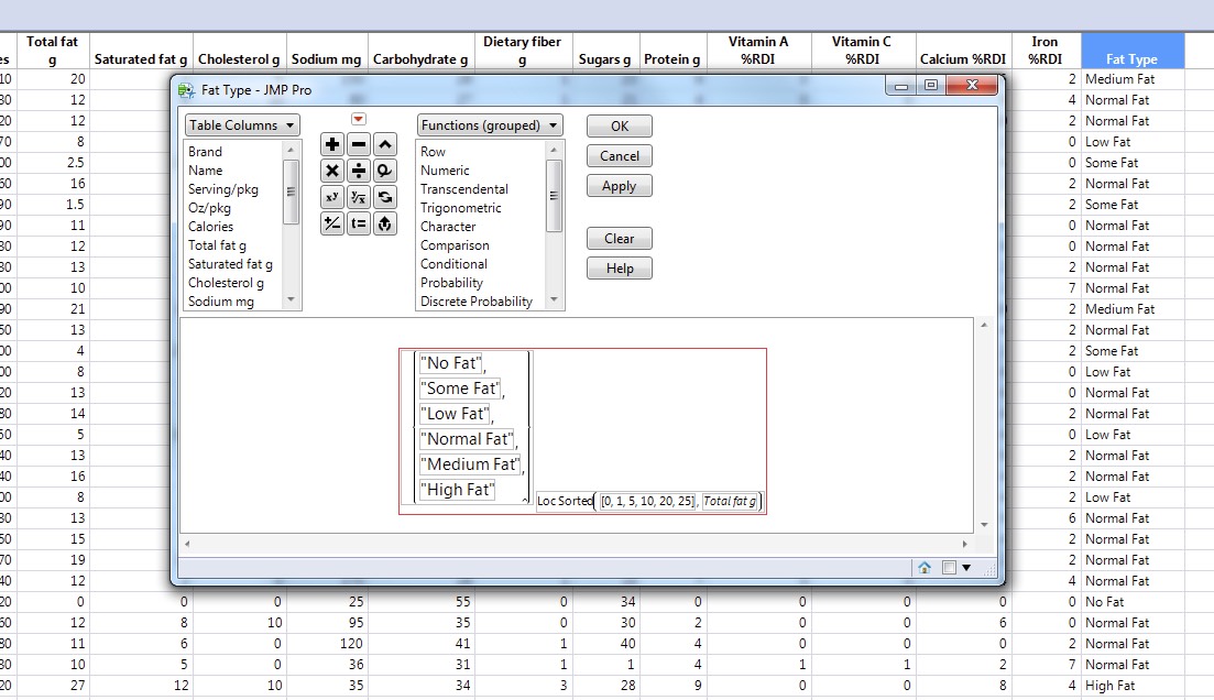 Using Lookup in JMP Example - Formula in Fat Type - Modified from Candy Bars - JMP User Community