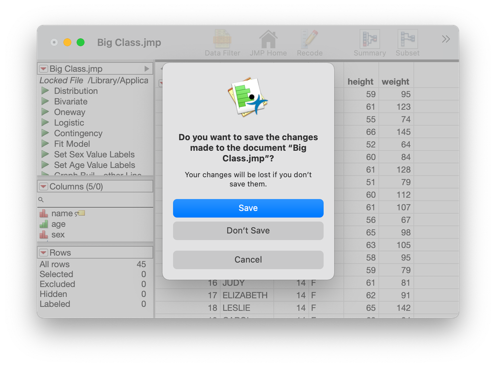 Method to prevent "Do you want to save" message? - JMP User Community