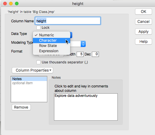 Solved: How to change column data type from Numeric to Character? - JMP User Community
