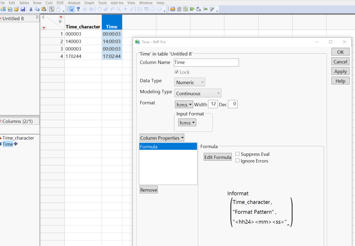 Solved: how to change a series of numbers into time format - JMP User ...
