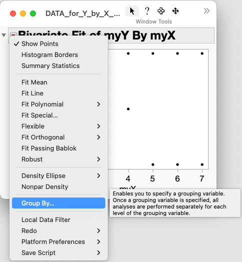Solved: How to use correctly "Group Y by..." option in "Fit Y by X" platform? - JMP User Community