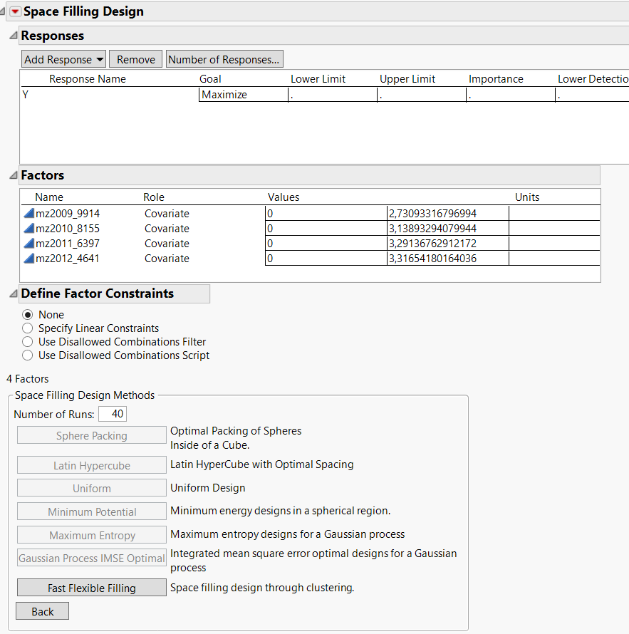 Solved: How to use covariate factors for space filling design? - JMP ...