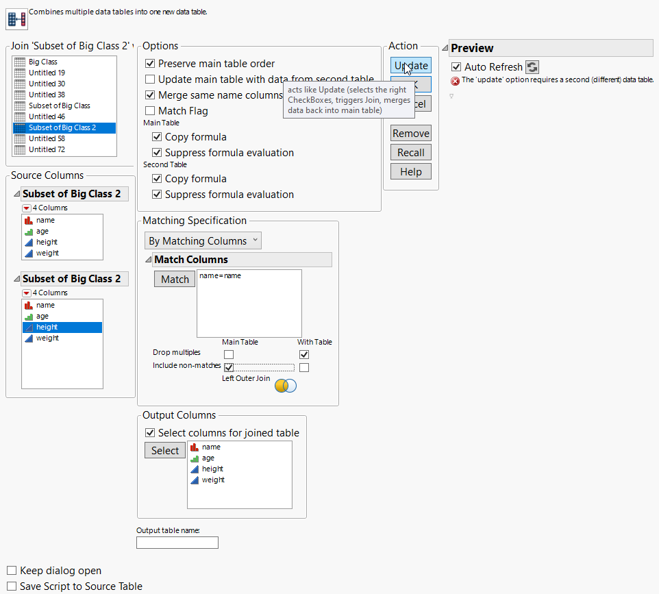 Tables Join Option To Update Main Table Jmp User Community
