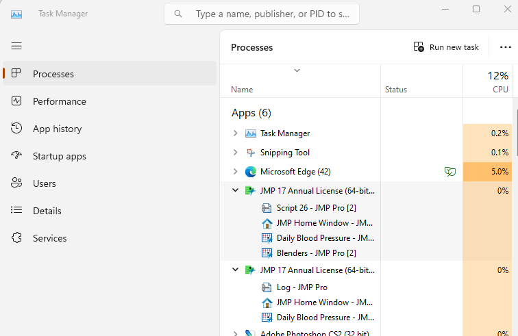 Solved: unable to discern JMP sessions in Task manager when one of the session needs to ...