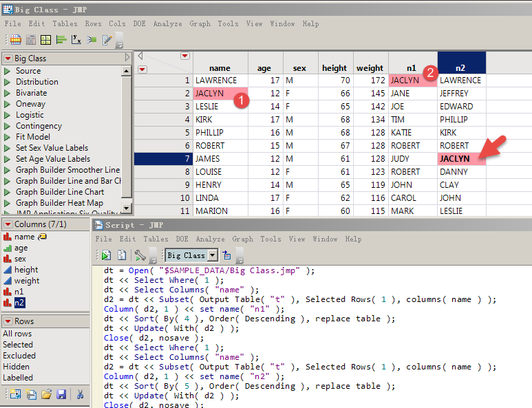 How can JSL enable the cursor to click on a cell and the same value of ...