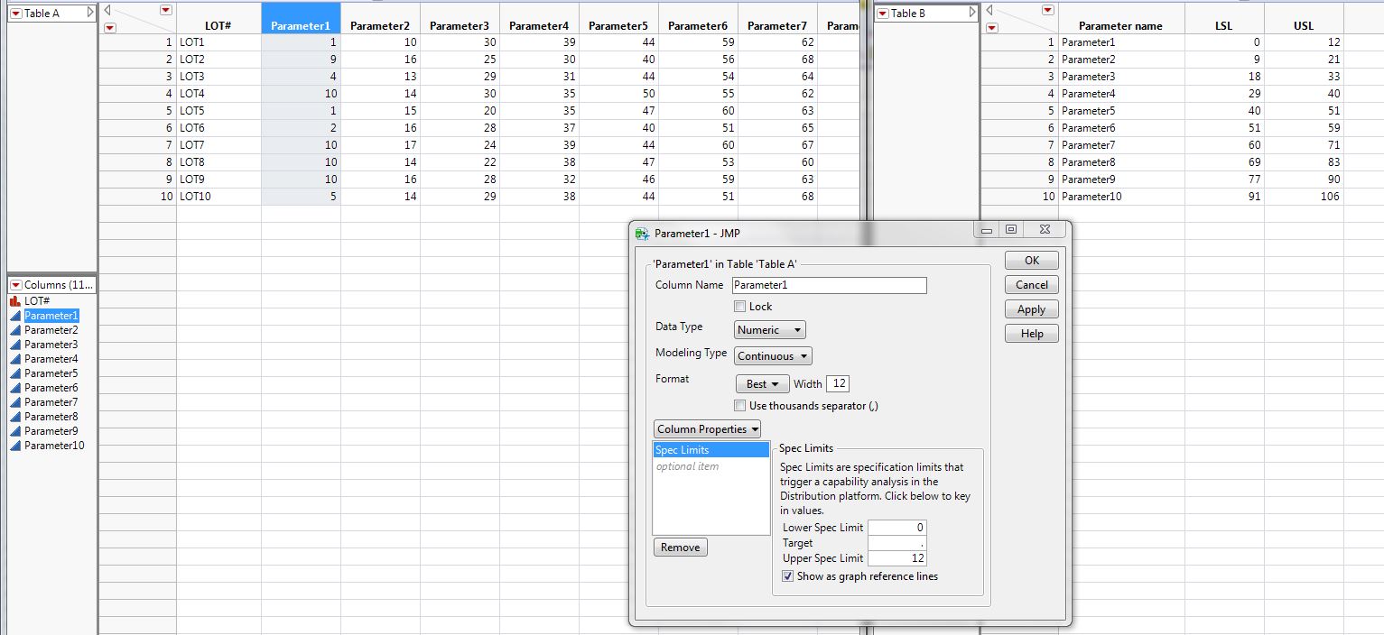 Solved: Add spec limits to properties for many columns - JMP User Community