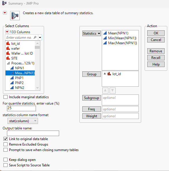 Solved: How can I create a column for the statistics (means,max,min) of specific lots (s ...