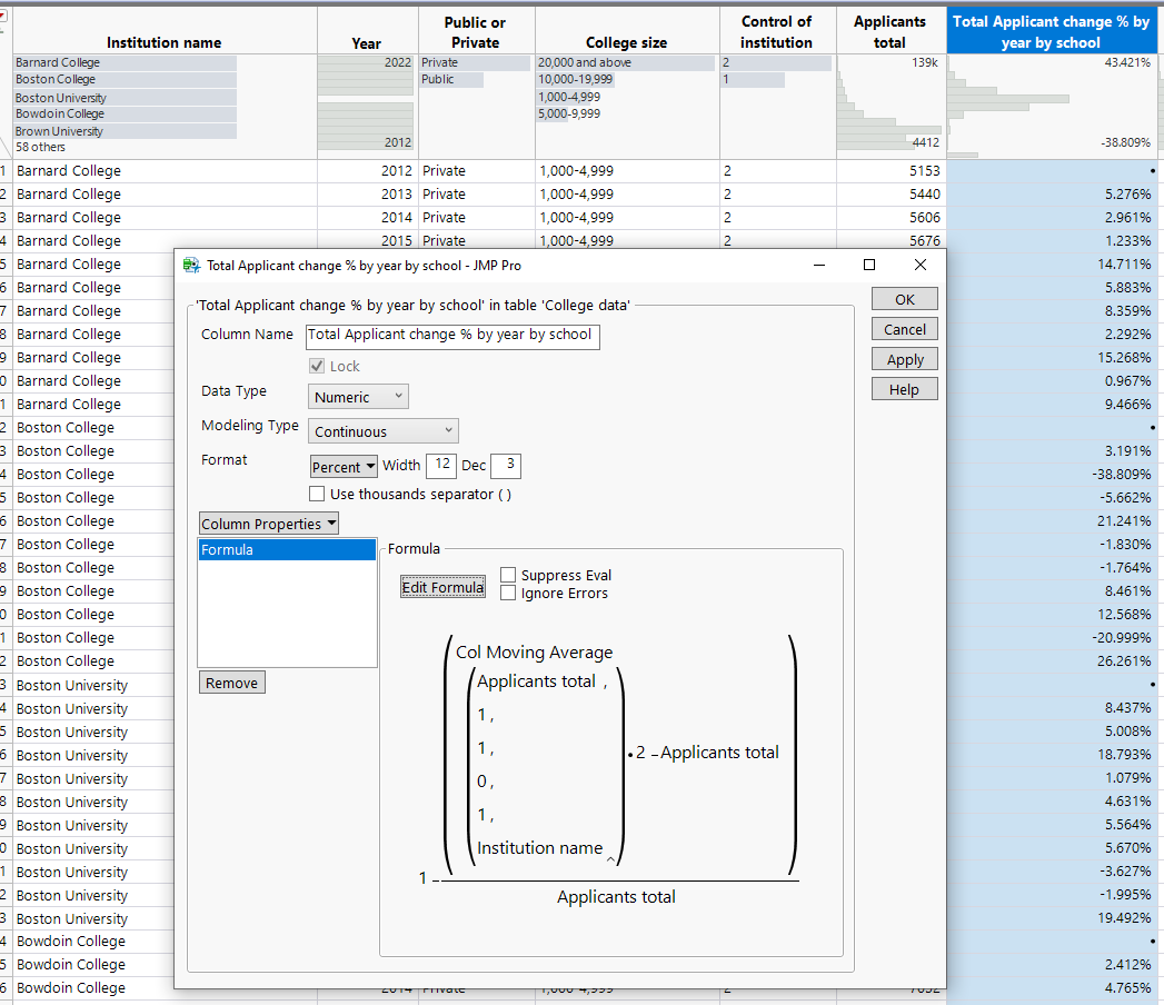 Solved: How to calculate percentage change applicants by school year over year? - JMP User Community