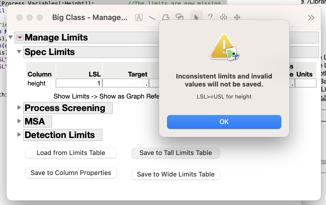 Allow spec limit settings to be equal (USL = LSL) - JMP User Community