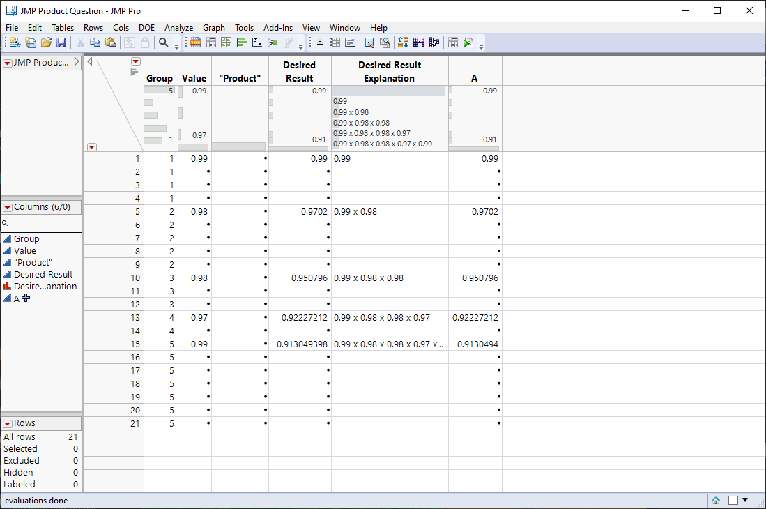 Solved: How can you calculate the product of non-empty rows up to the current row? - JMP User ...