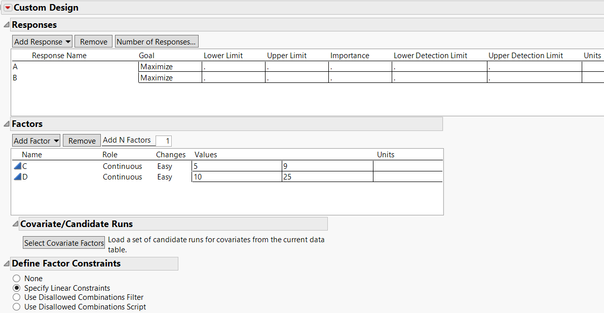 Solved: Custom design factor constraints - JMP User Community