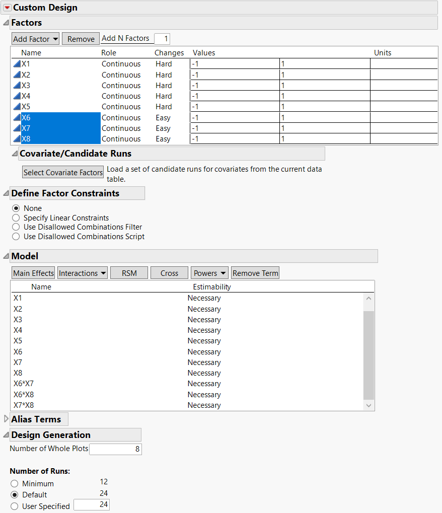 Solved: How to reduce the number of runs in design? - JMP User Community