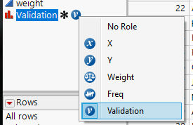 Set created Validation column's Preselect Role as Validation automatically - JMP User Community